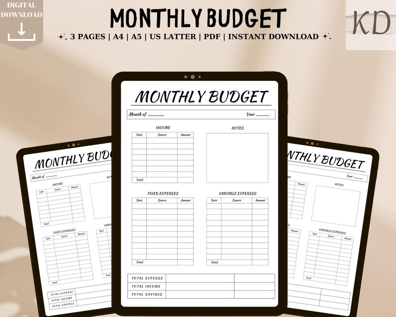 Printable Monthly Budget, Monthly Income & Expense, Monthly Budget ...