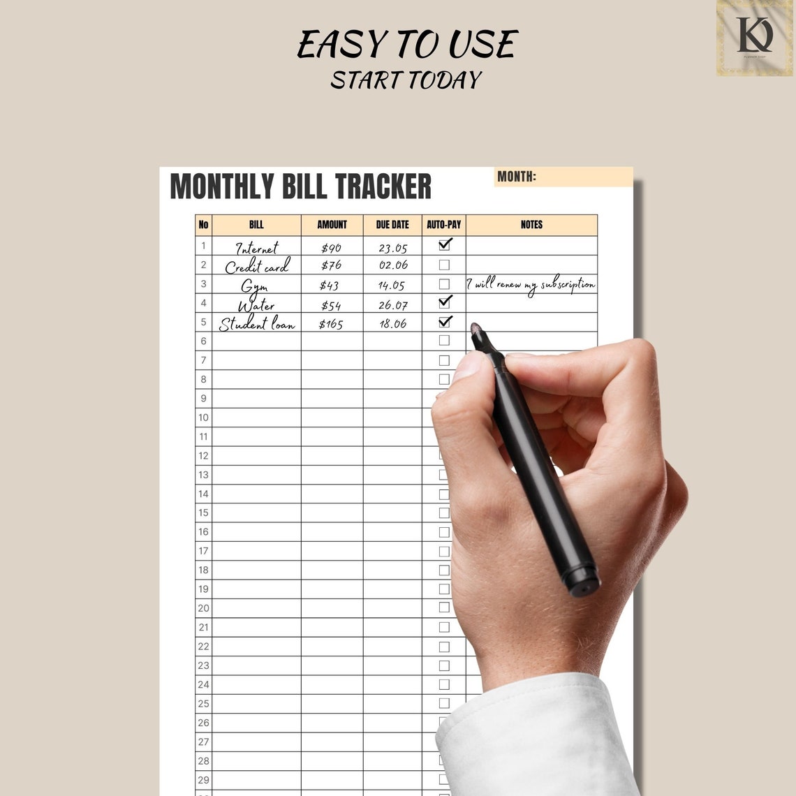 Monthly Bill Tracker Printable Colourful Bill Payment Tracker Payment ...