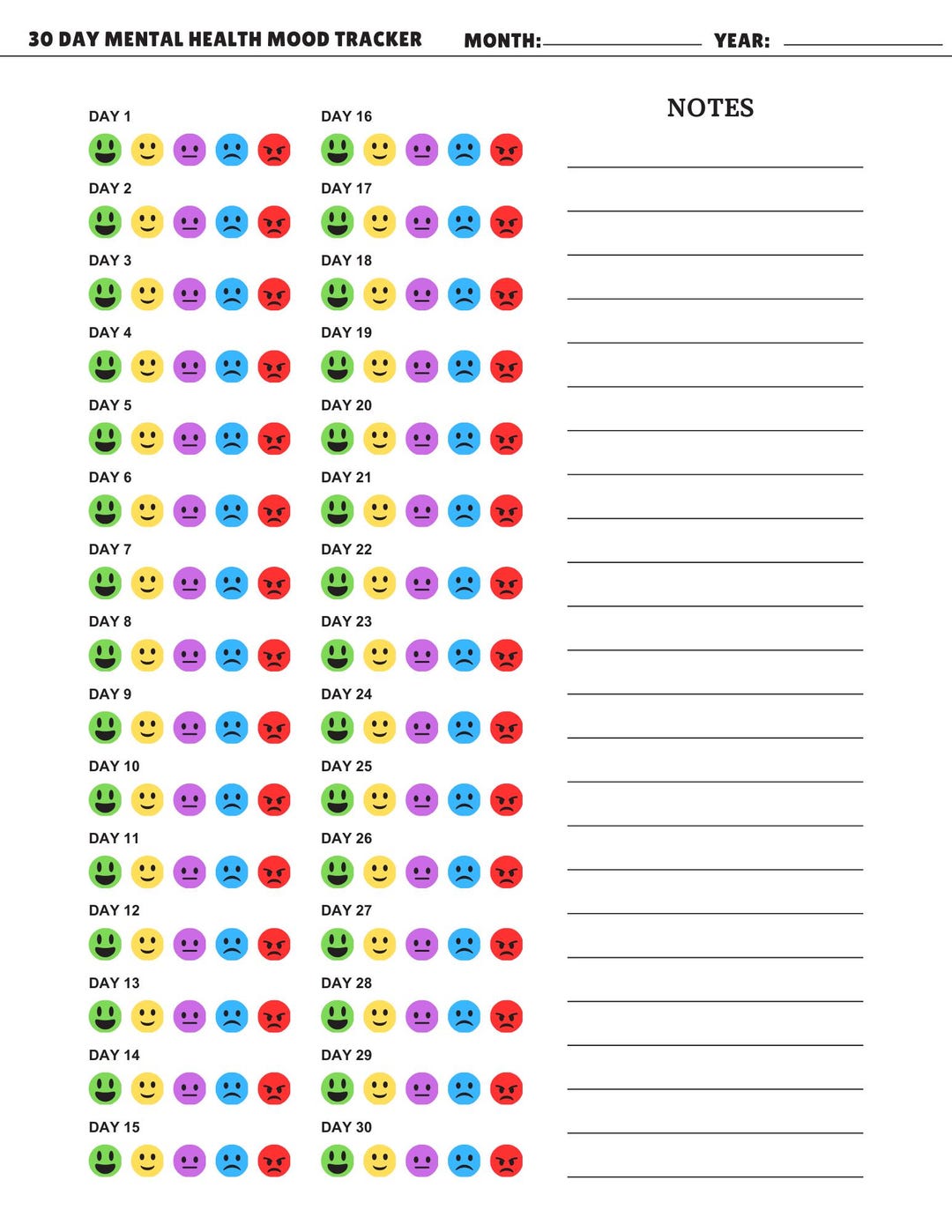 30-day Mental Health Mood Tracker: Printable Emotion Journal (digital ...
