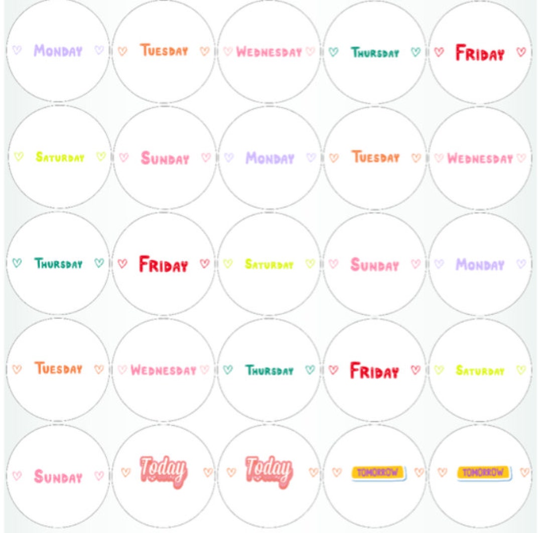 Planner Stickers Days of the Week monday Sunday & Today/tomorrow Round ...