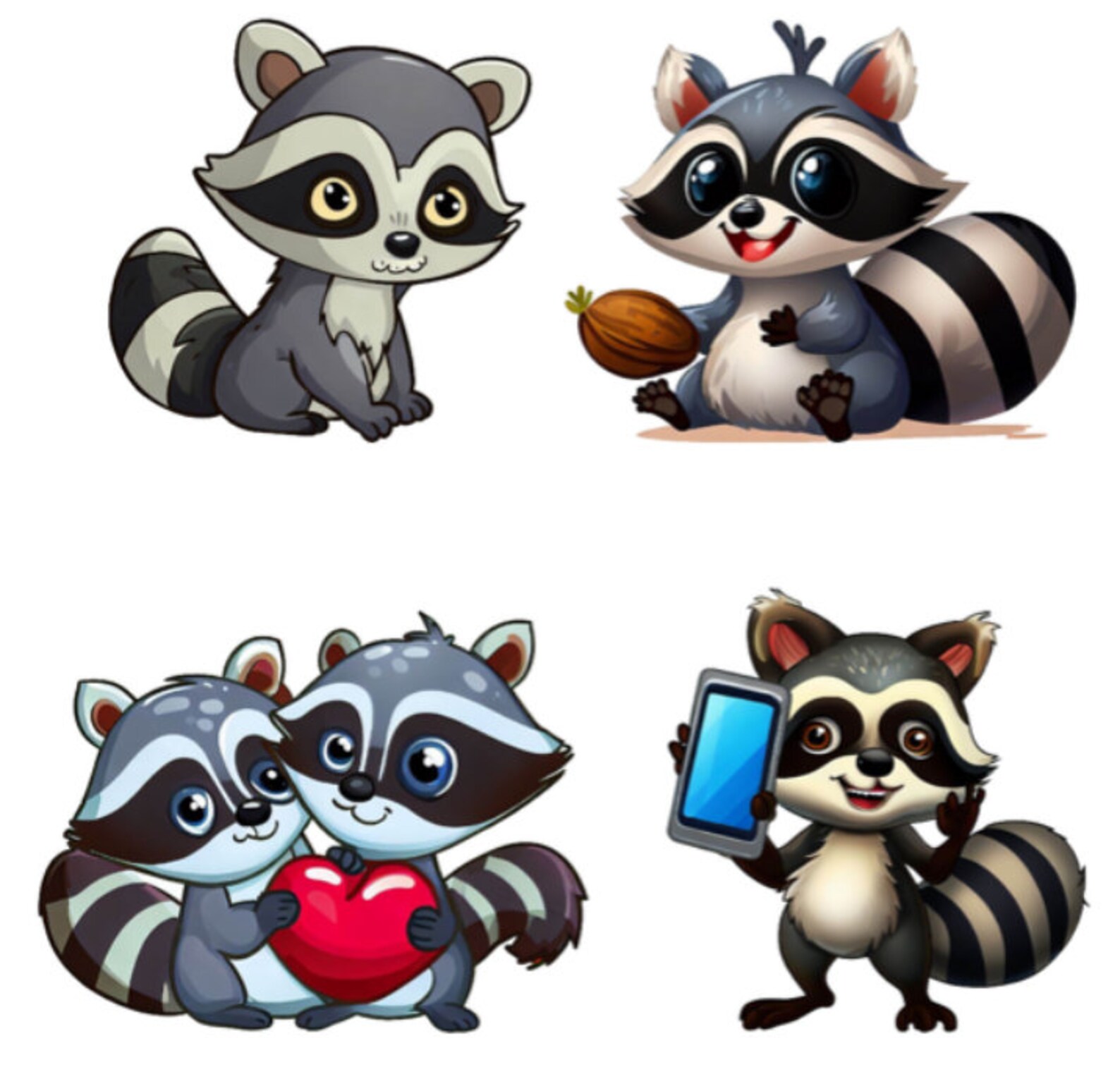 Cartoon Racoon | Forest Animal Sticker Sheet | 4 Designs 3"x3" Assorted ...