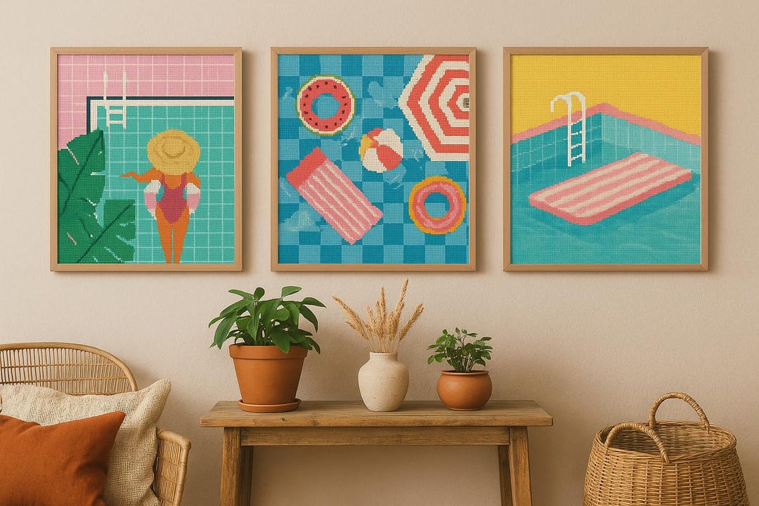 Cross Stitch Set Summer Pool Party – 3 Fun Poolside Designs – Girl ...