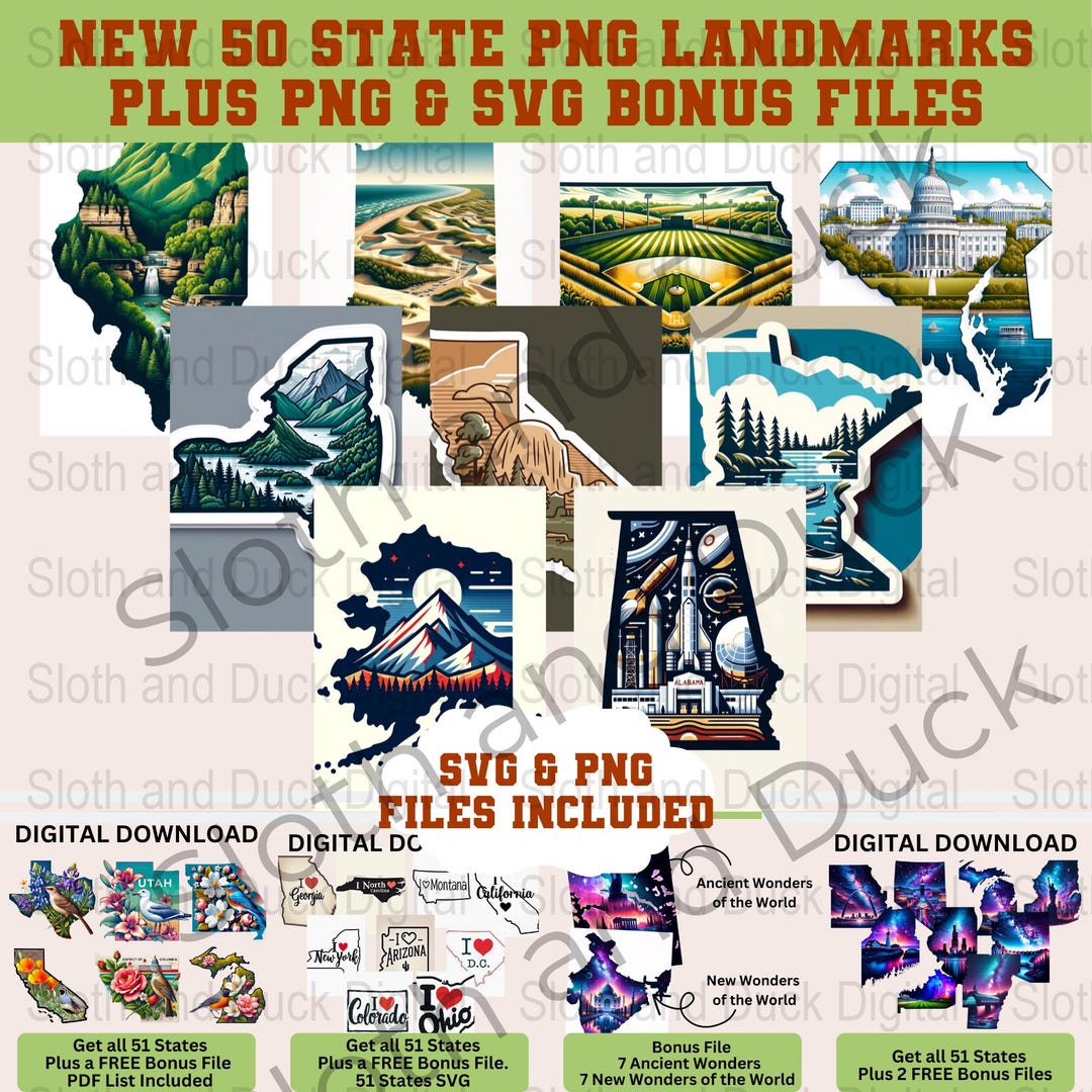 50 State Landmarks SVG PNG Bundle Digital Download, USA Landmarks ...
