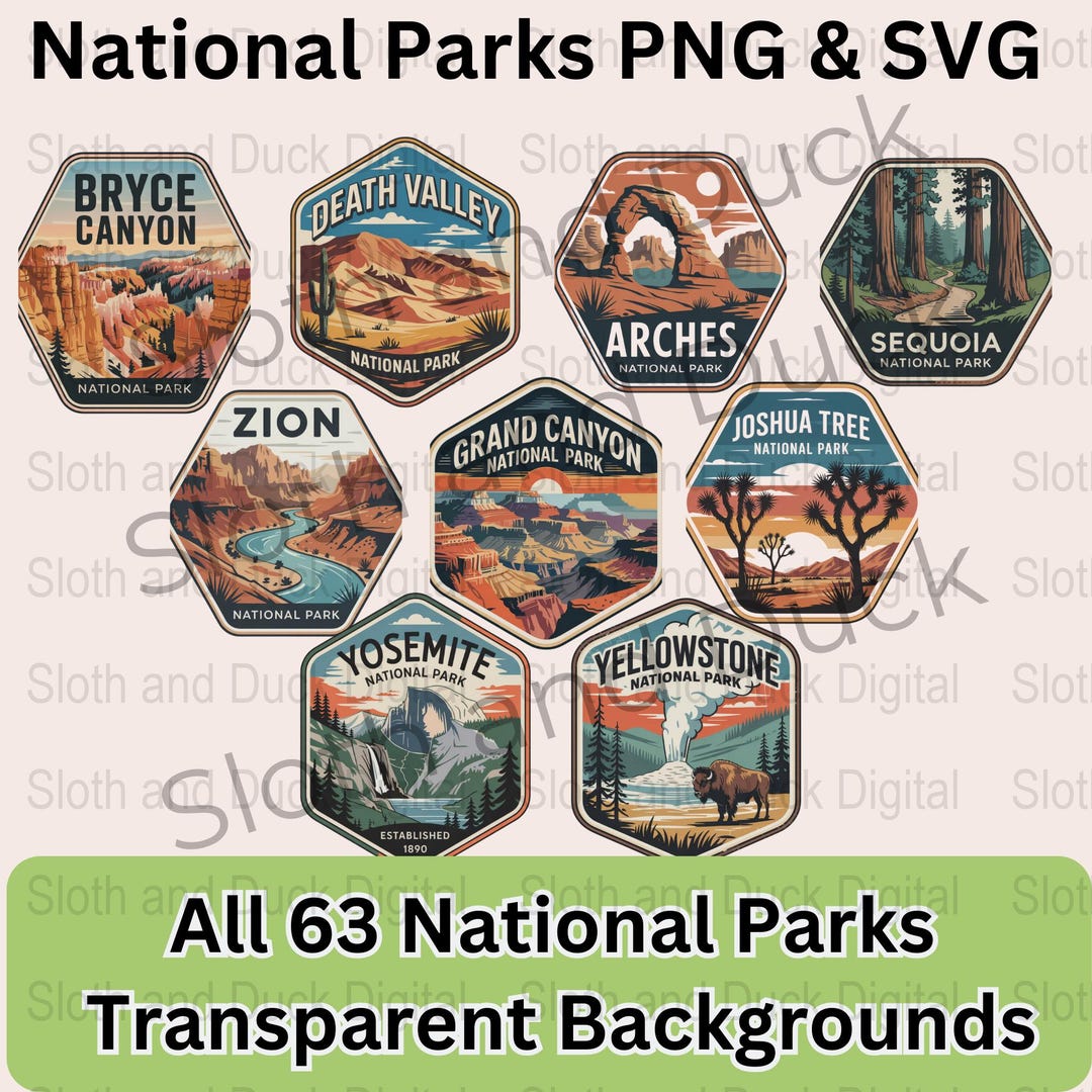 National Parks PNG SVG Bundle: 63 US Parks, Transparent Background ...