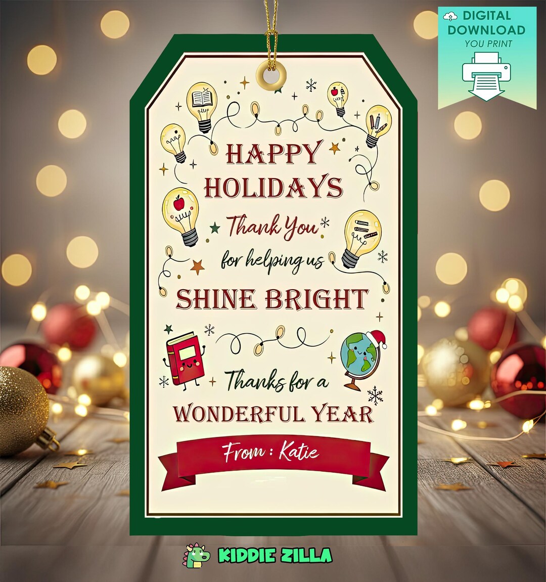 Editable "shine Bright" Teacher Gift Tag Green | Christmas Holiday ...