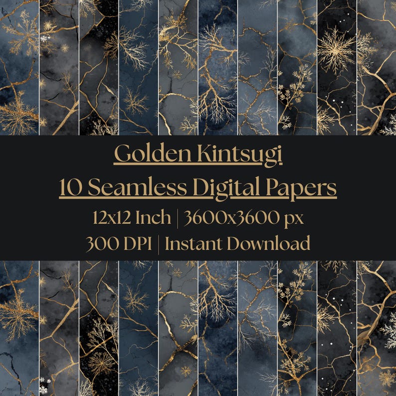 Kintsugi Digital Paper, 10 Gold Marble Patterns, Abstract Stone Texture ...