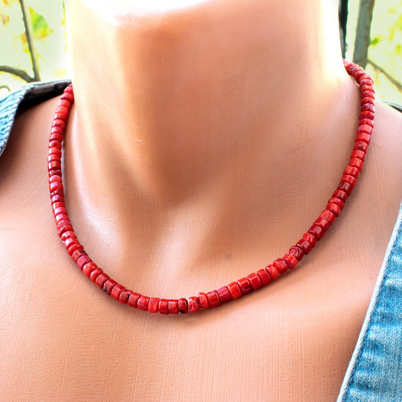 Mens Red Coral Heishi Bead Necklace Handmade Mens and Womens Accessory SD48 - Etsy