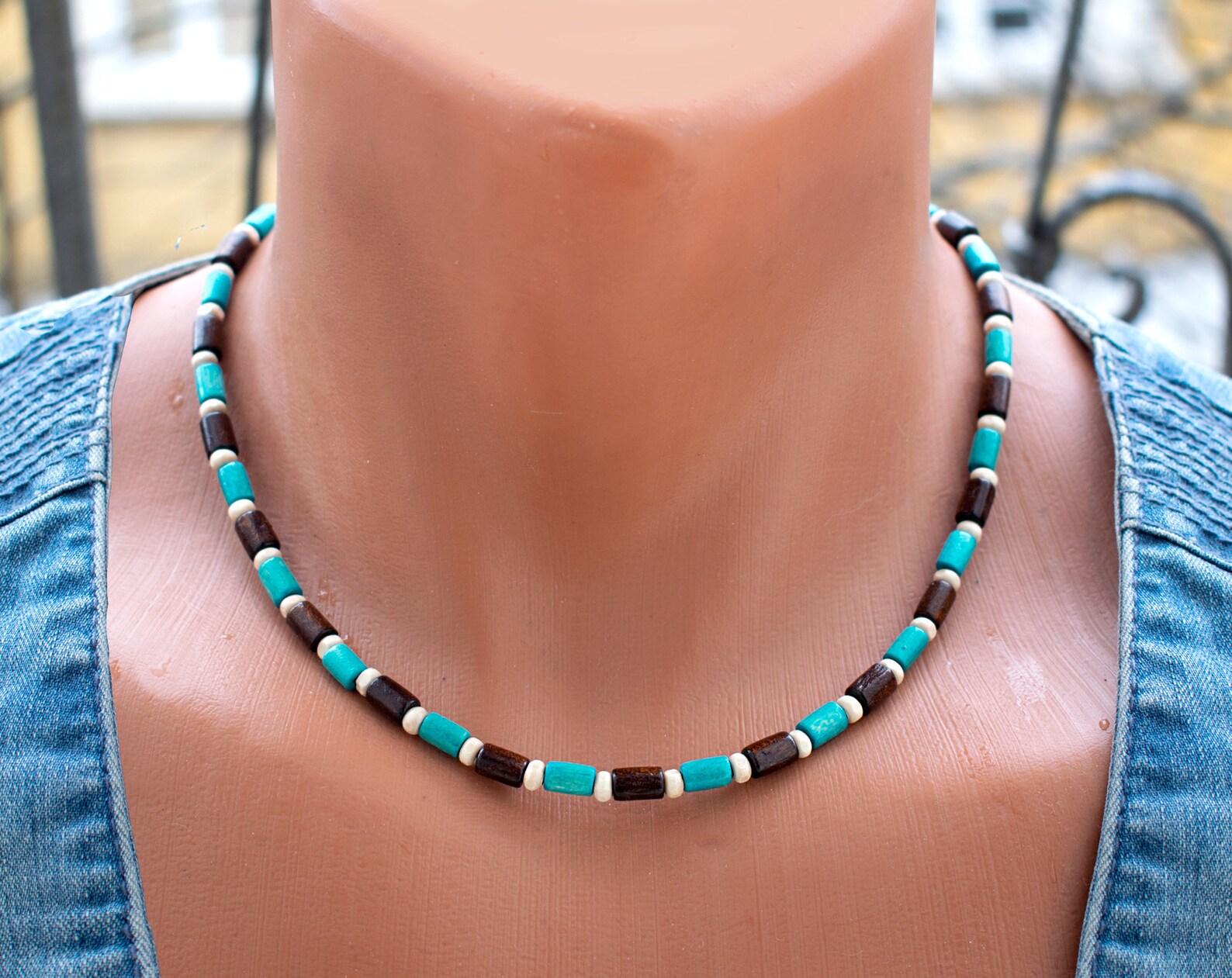 Wood Choker Native Choker Wood Bead Necklace Turquoise Wood Boho ...