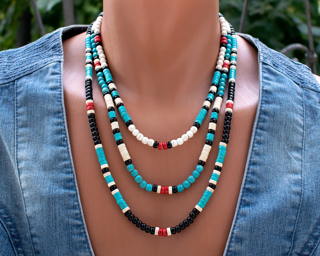Native American Turquoise Necklace for Men, Long Turquoise Heishi ...
