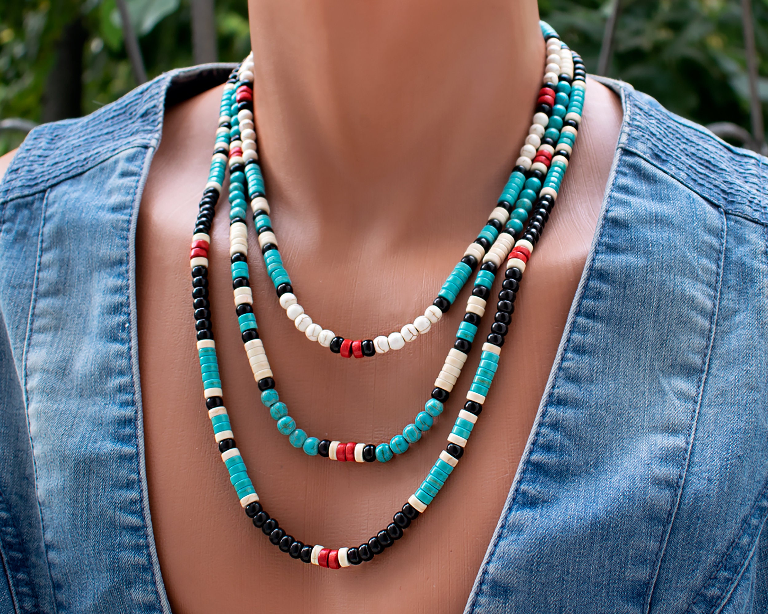 Native American Turquoise Necklace for Men, Long Turquoise Heishi ...