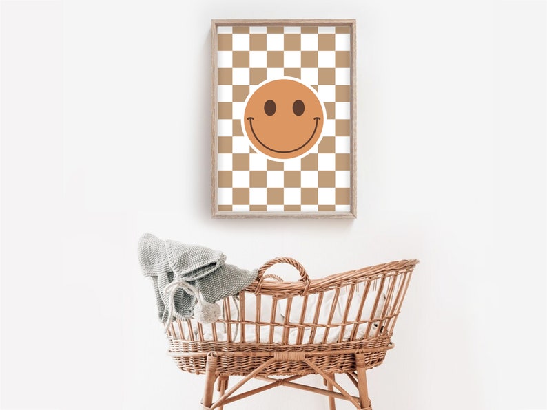 Retro Smiley Face Art, Nursery Wall Decor, Checkered Pattern Art ...