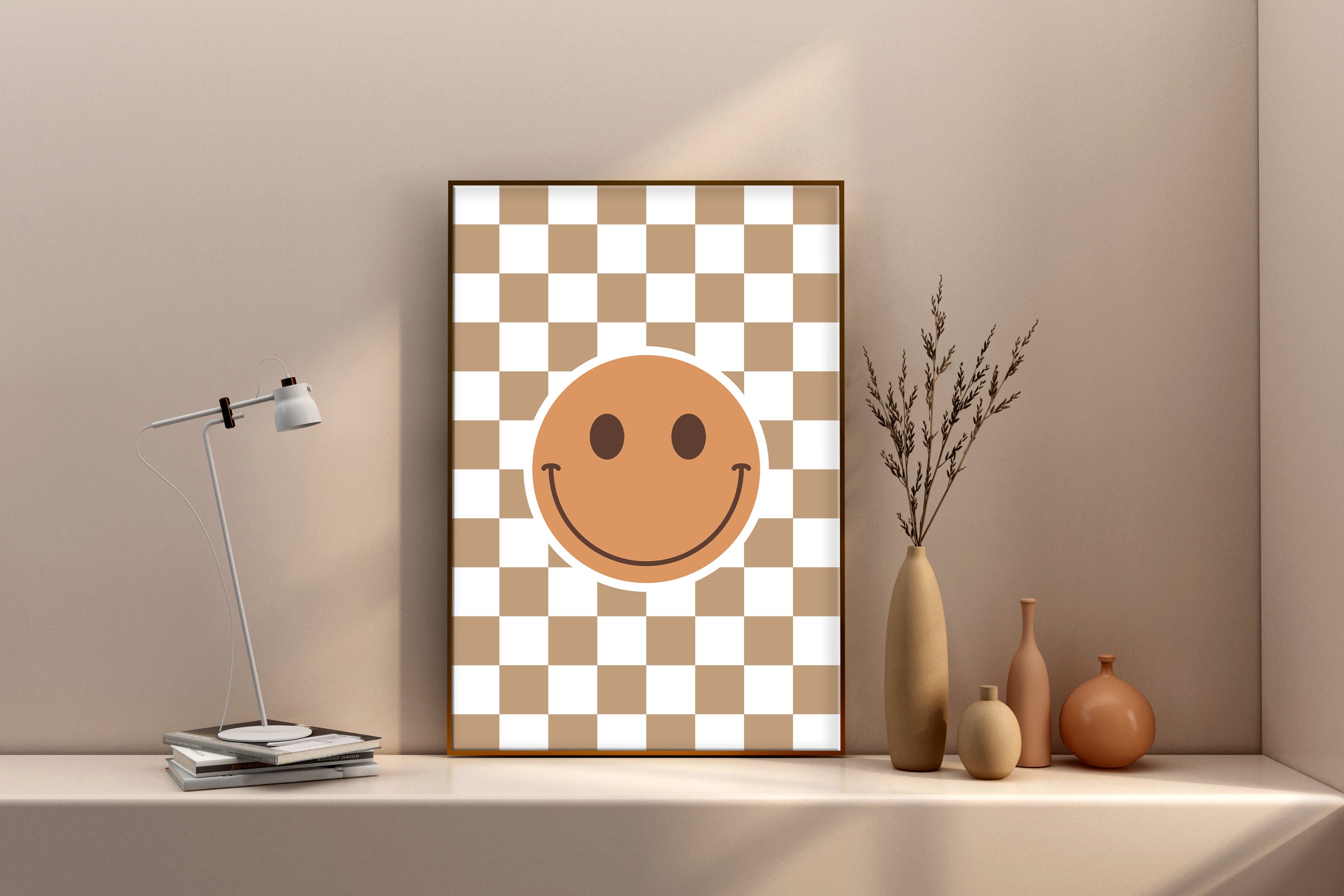 Retro Smiley Face Art, Nursery Wall Decor, Checkered Pattern Art ...