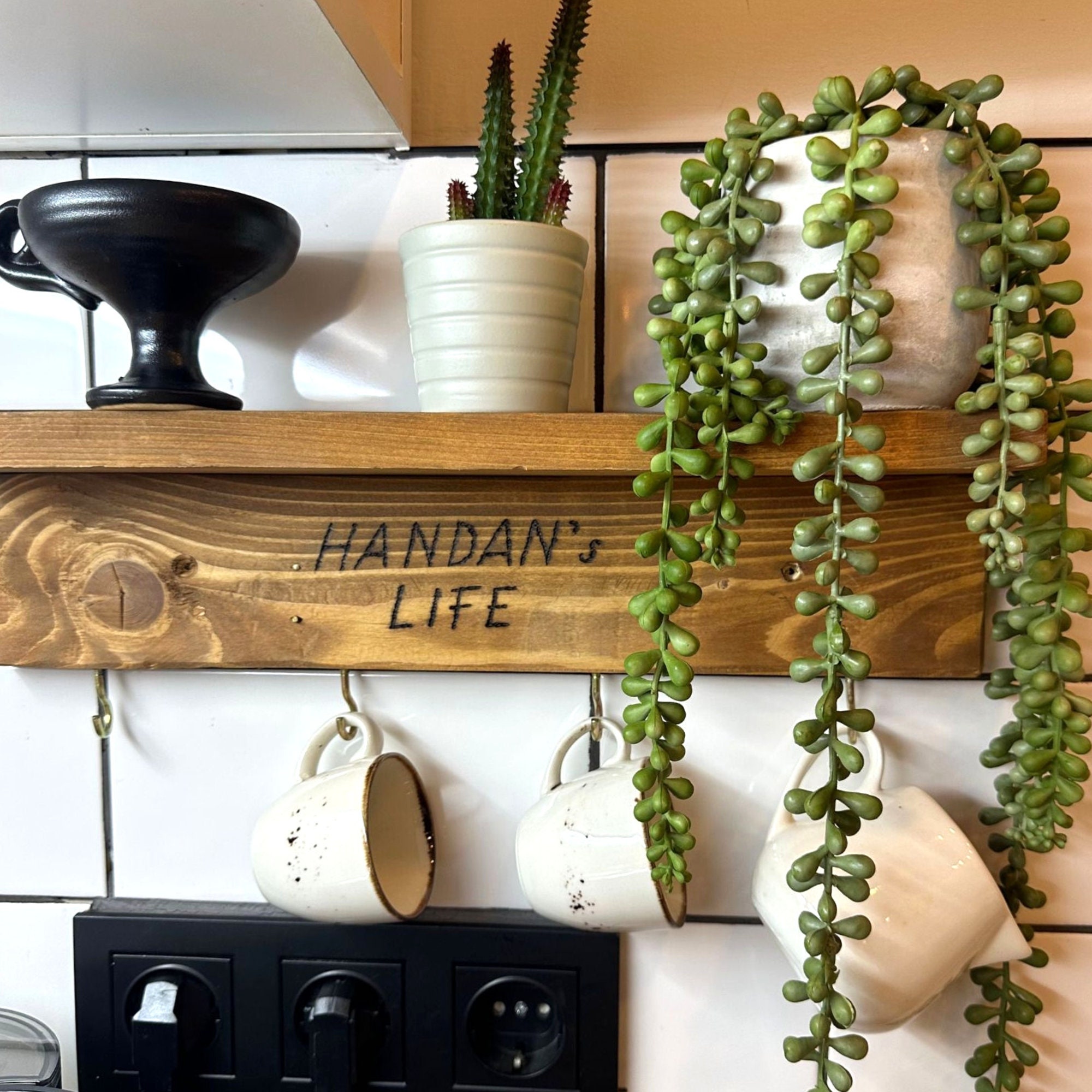 Personalized Wooden Shelf With Coffee Mug Hook, 4 Cup Coffee Mug Holder ...