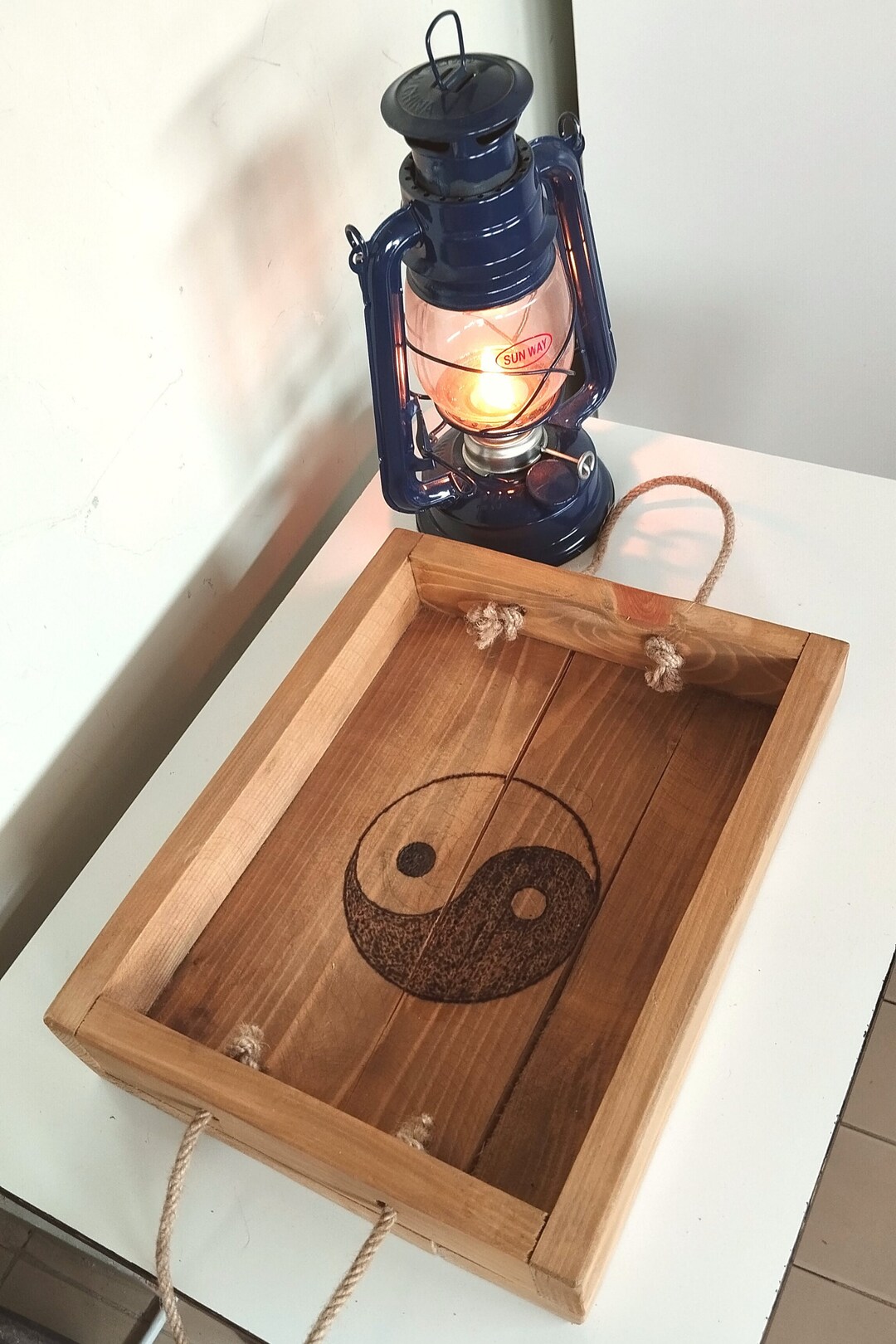 Yin Yang Wooden Serving Accent Tray With Rope Handles, Wood Burning Art ...