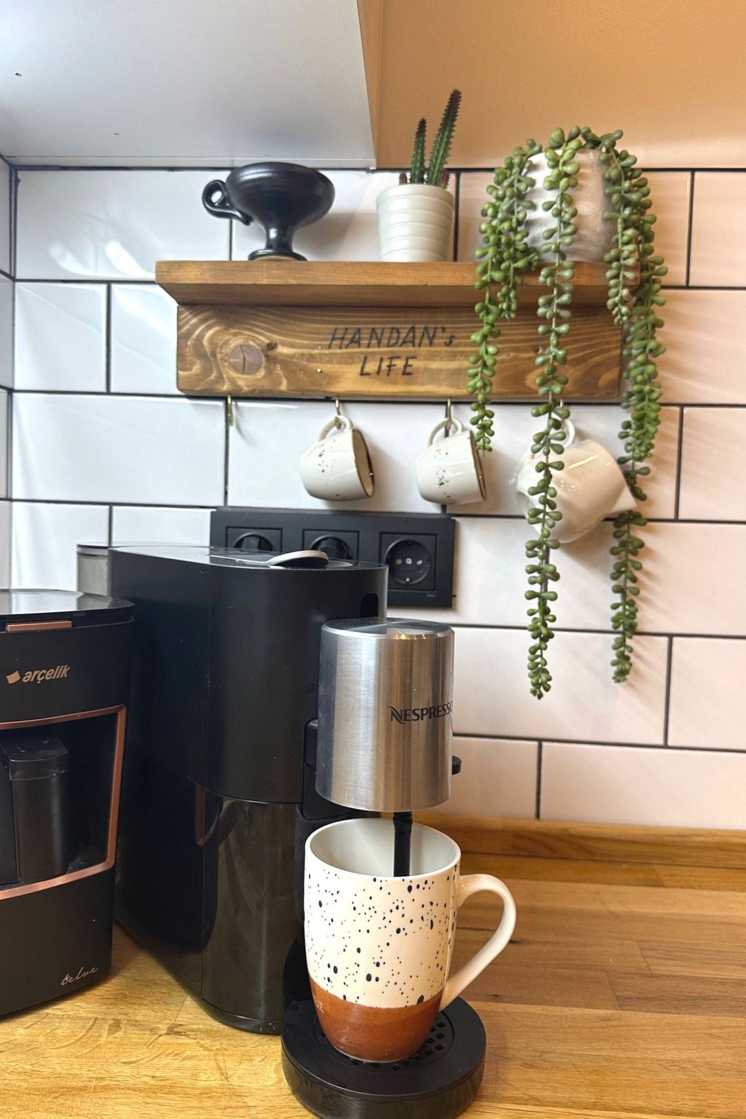 Personalized Wooden Shelf With Coffee Mug Hook, 4 Cup Coffee Mug Holder ...