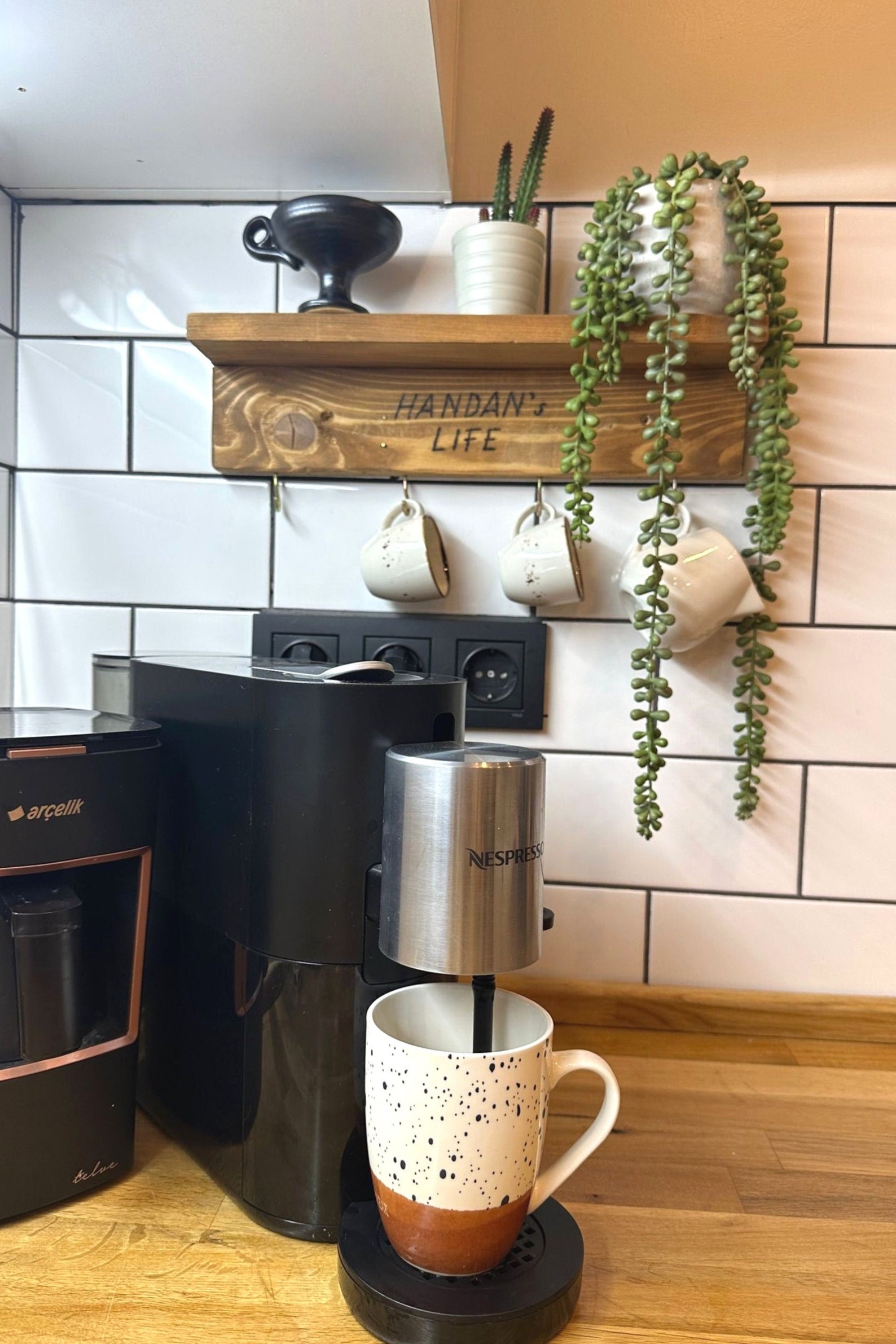 Personalized Wooden Shelf With Coffee Mug Hook, 4 Cup Coffee Mug Holder ...