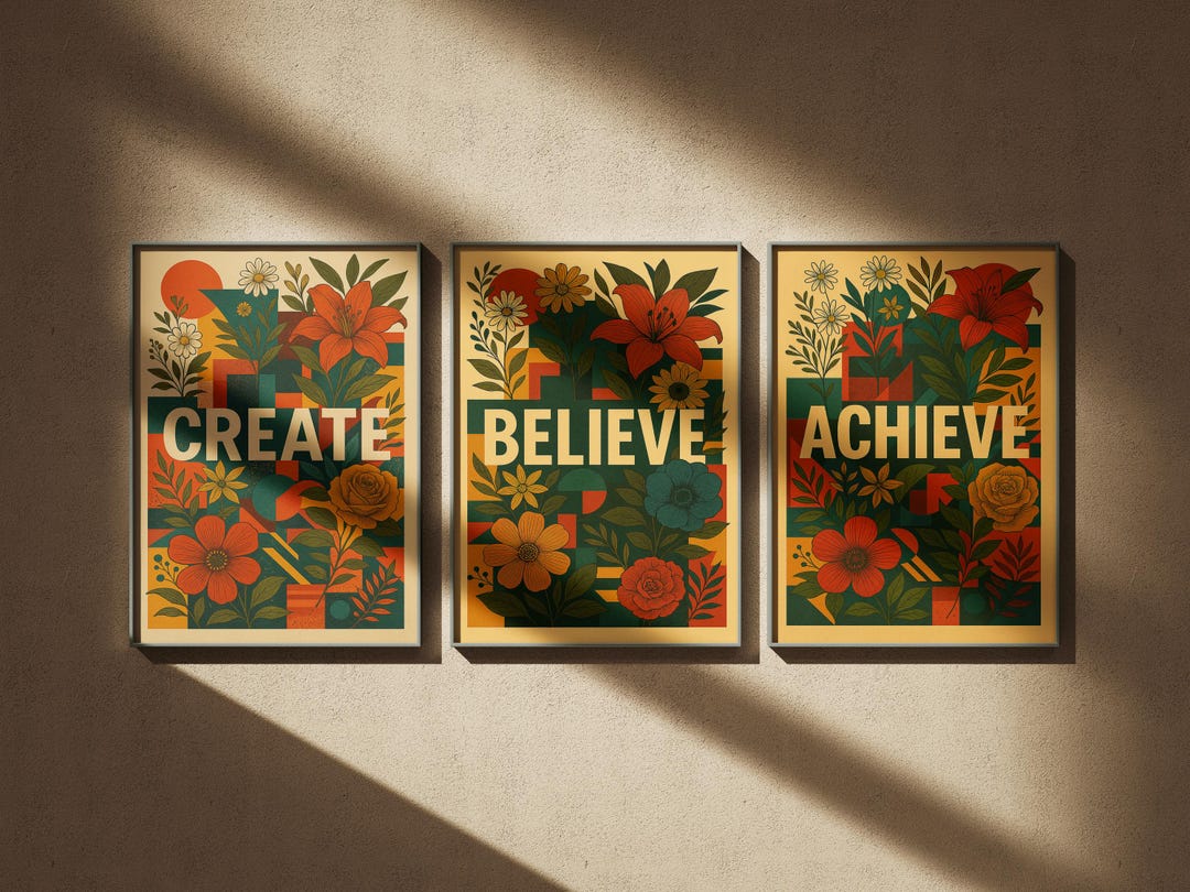 Create • Believe • Achieve Poster Set | Boho Floral Geometric Bundle ...