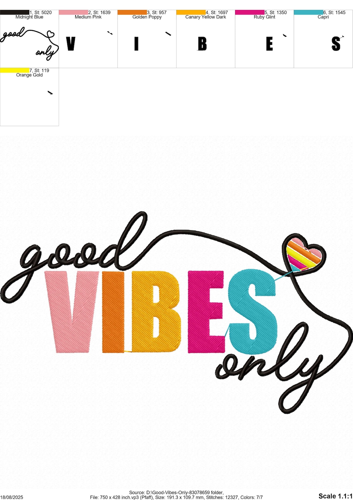 Good Vibes Only Embroidery Design: Rainbow Heart Stitch Pattern ...