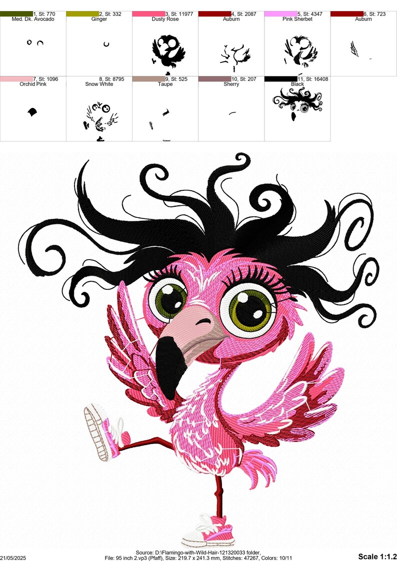 Funky Flamingo Embroidery Design With Wild Hair (digital File) - Etsy