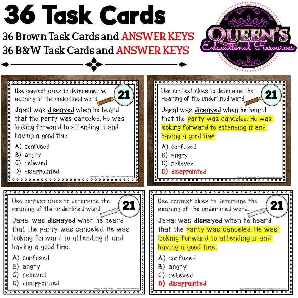 Vocabulary Task Cards, Context Clues Test, Context Clues Assessment ...