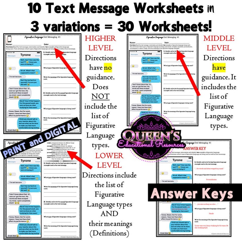 Figurative Language Text Messaging Activities | Figurative Language ...