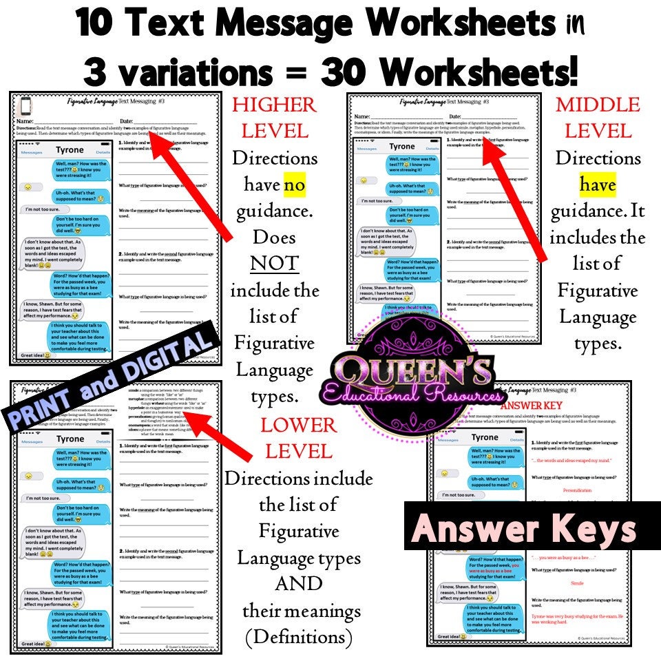 Figurative Language Text Messaging Activities | Figurative Language ...