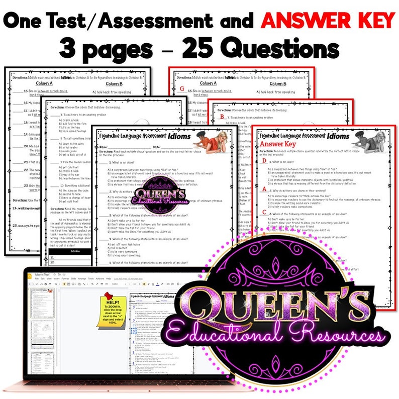 Idiom Test | Figurative Language Test | Idiom Assessment | Reading ...