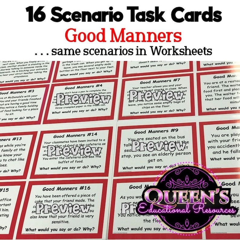 Good Manners Scenarios, Good Manners Task Cards, Mannerisms Worksheets ...