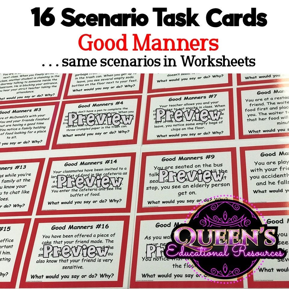 Good Manners Scenarios, Good Manners Task Cards, Mannerisms Worksheets ...