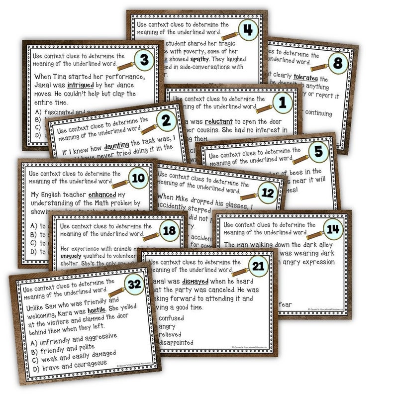 Vocabulary Task Cards, Context Clues Test, Context Clues Assessment ...