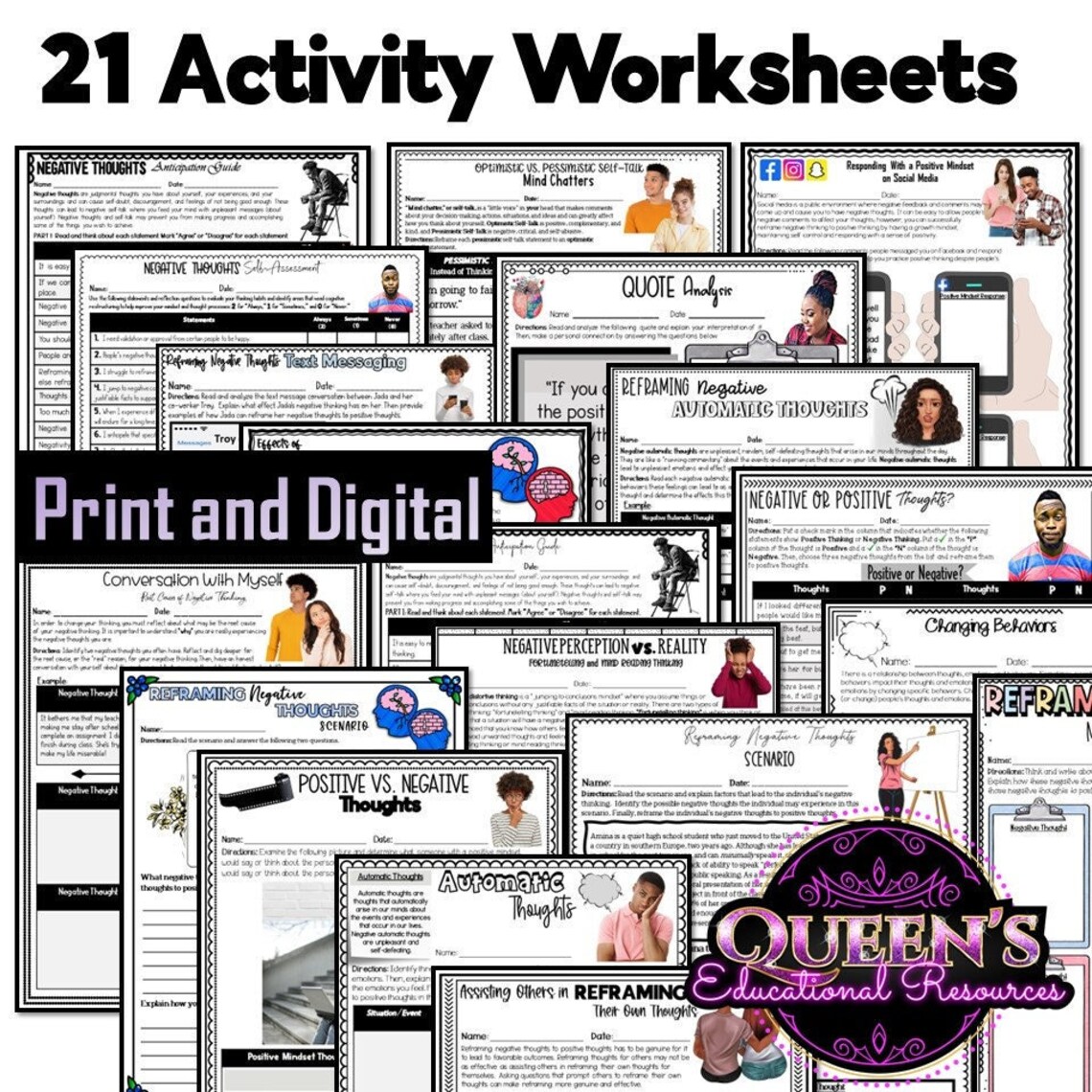 Positive Affirmations, Reframing Negative Thoughts Worksheets, Coping Skills Worksheets, Growth ...