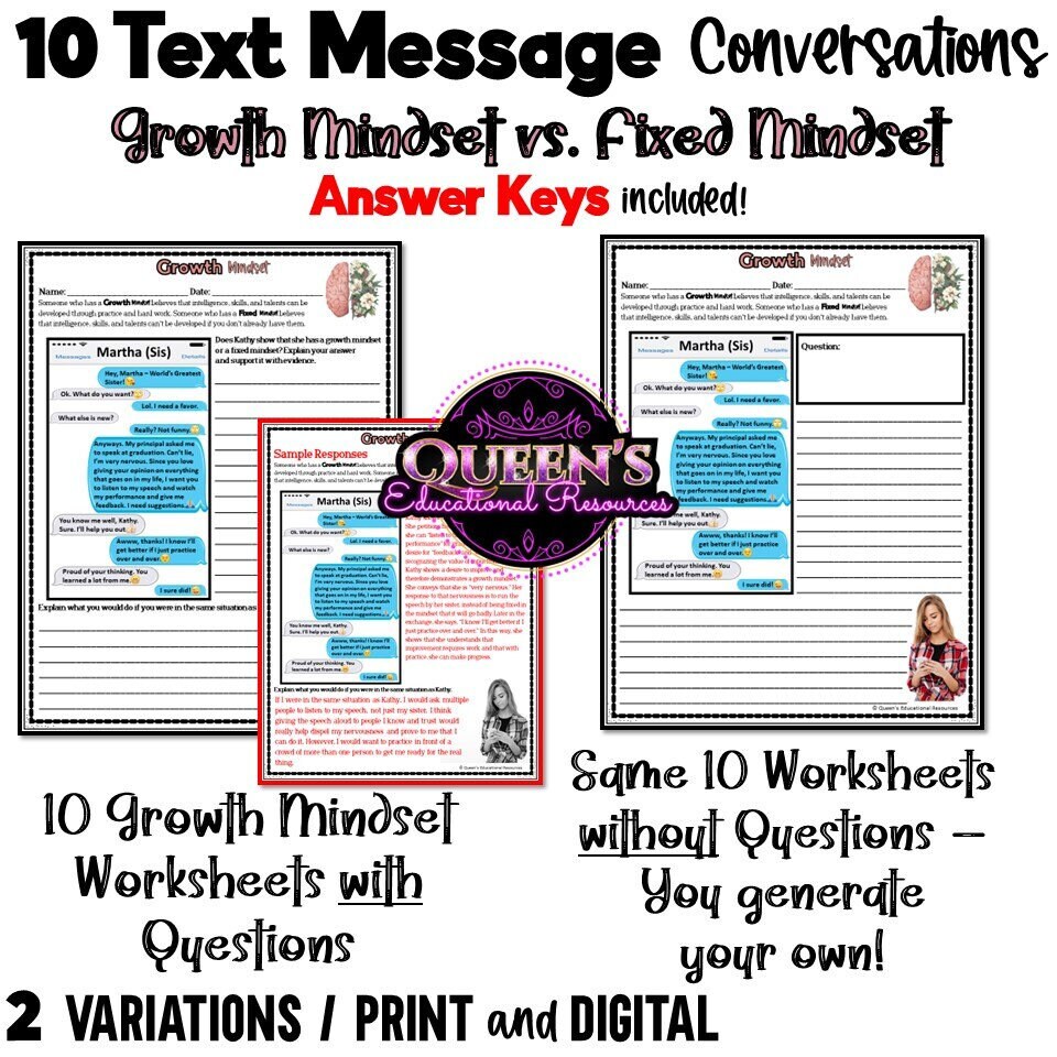 Growth Mindset Vs Fixed Mindset Text Messaging Worksheets | Growth ...
