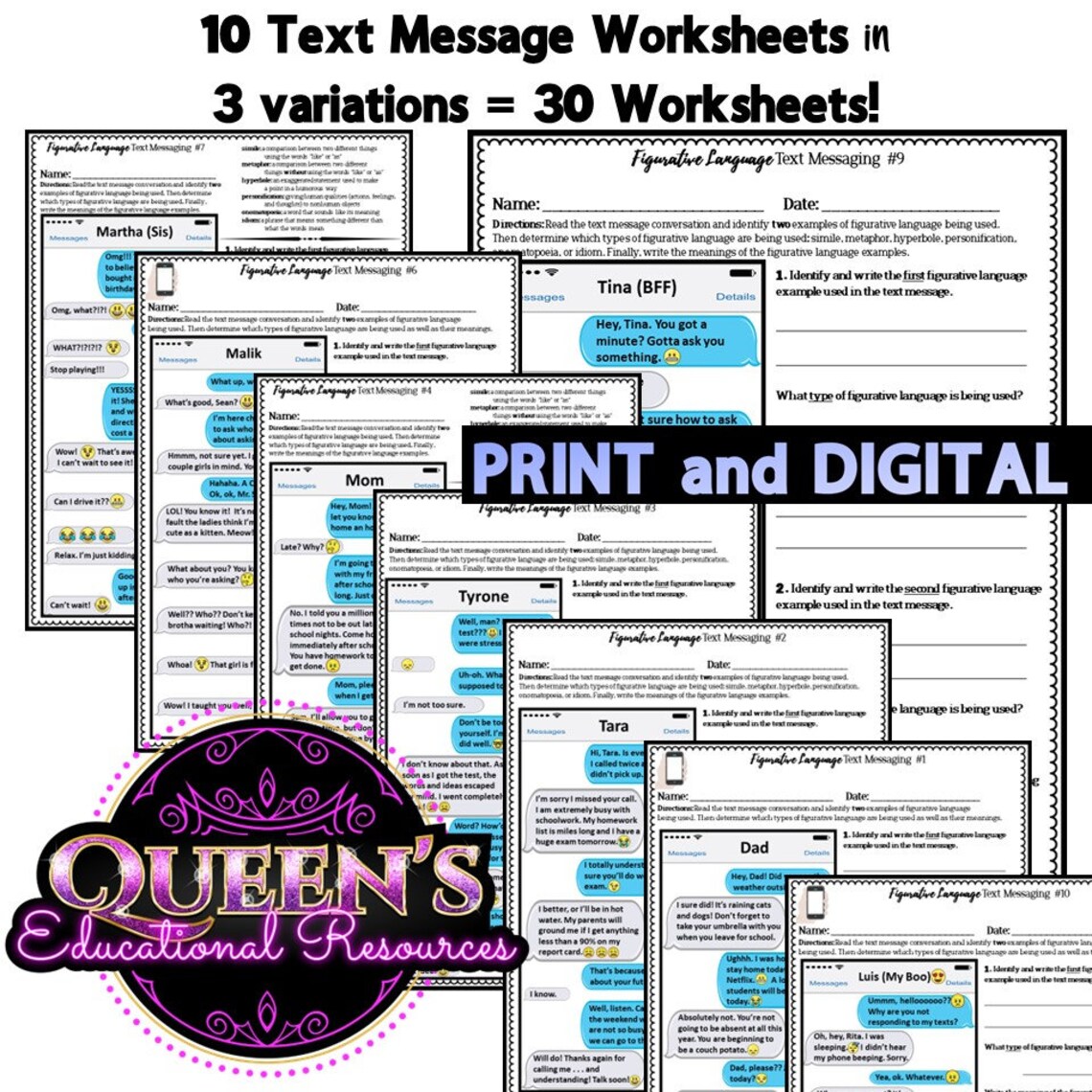 Figurative Language Text Messaging Activities | Figurative Language ...