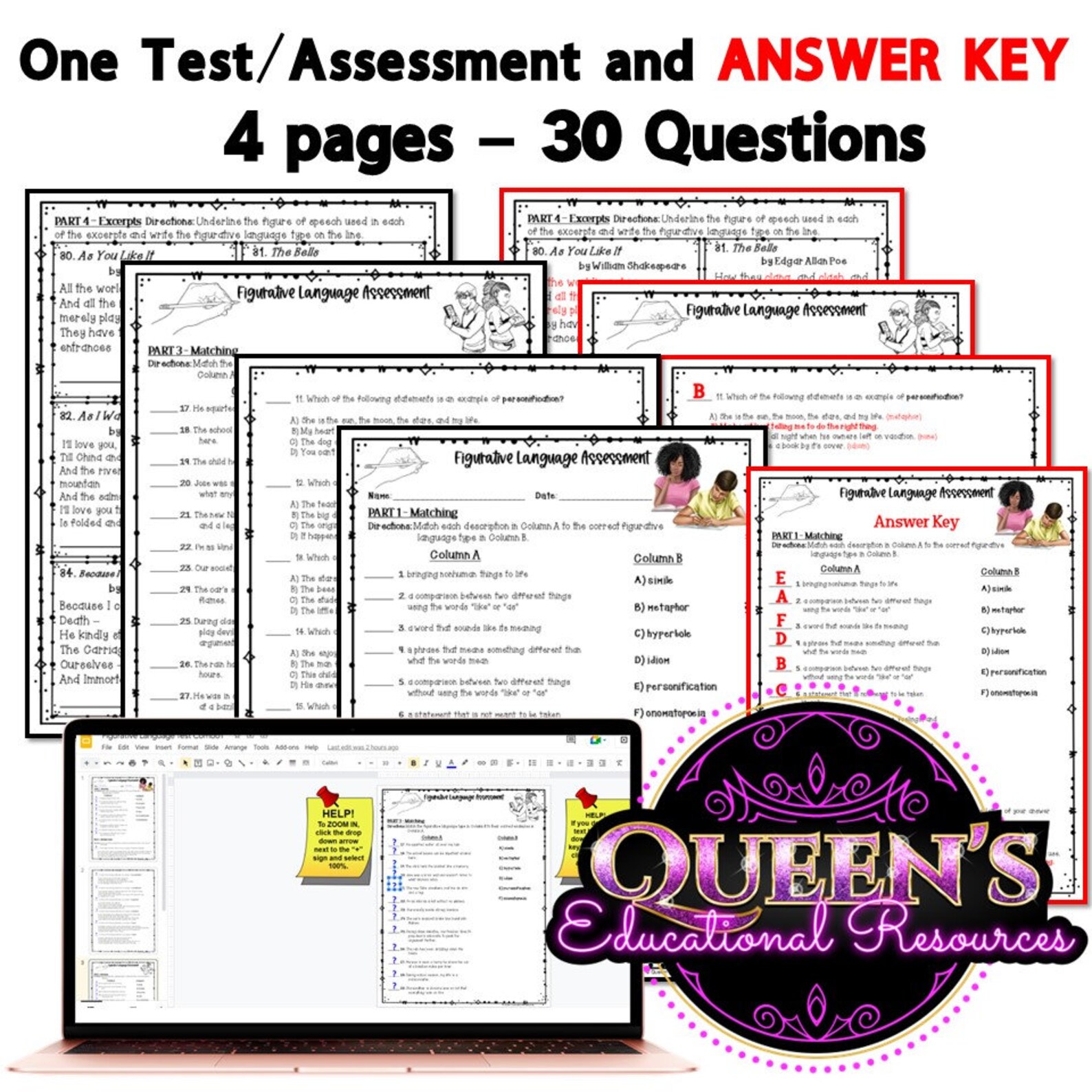 Figurative Language Assessment | Figurative Language Test | Reading ...