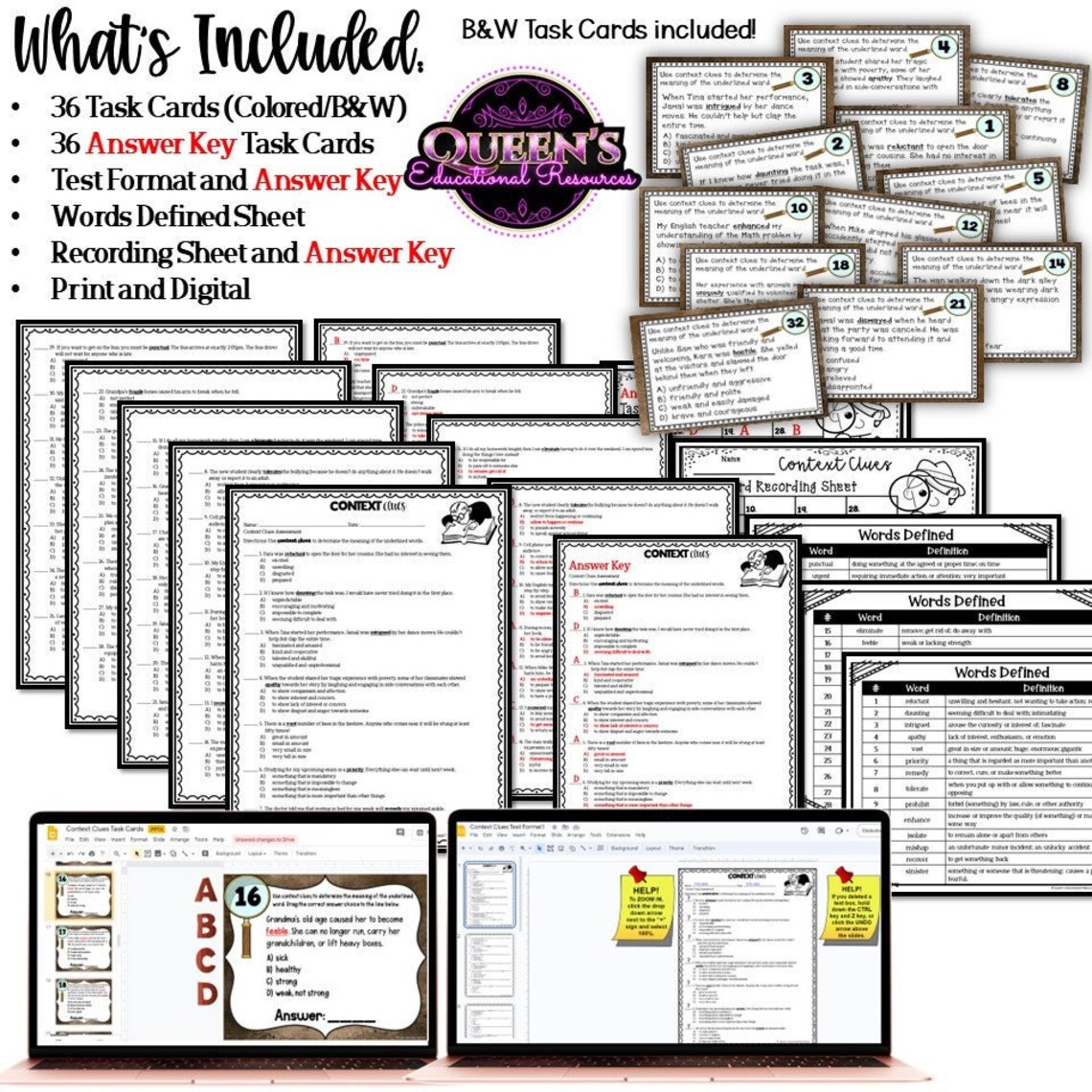 Vocabulary Task Cards, Context Clues Test, Context Clues Assessment ...