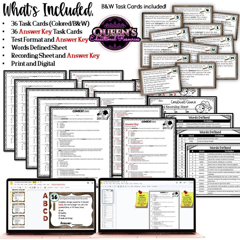 Vocabulary Task Cards, Context Clues Test, Context Clues Assessment ...