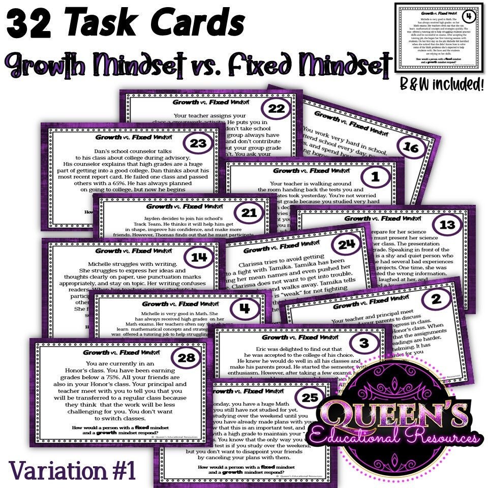 Growth Mindset Vs. Fixed Mindset Scenario Task Cards | Growth Mindset ...