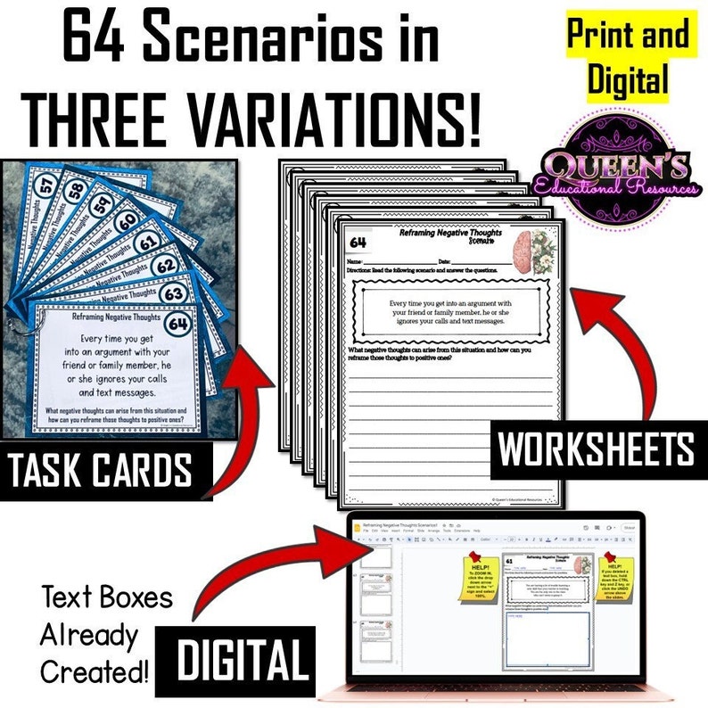 Reframing Negative Thoughts Worksheets Scenarios Positive - Etsy