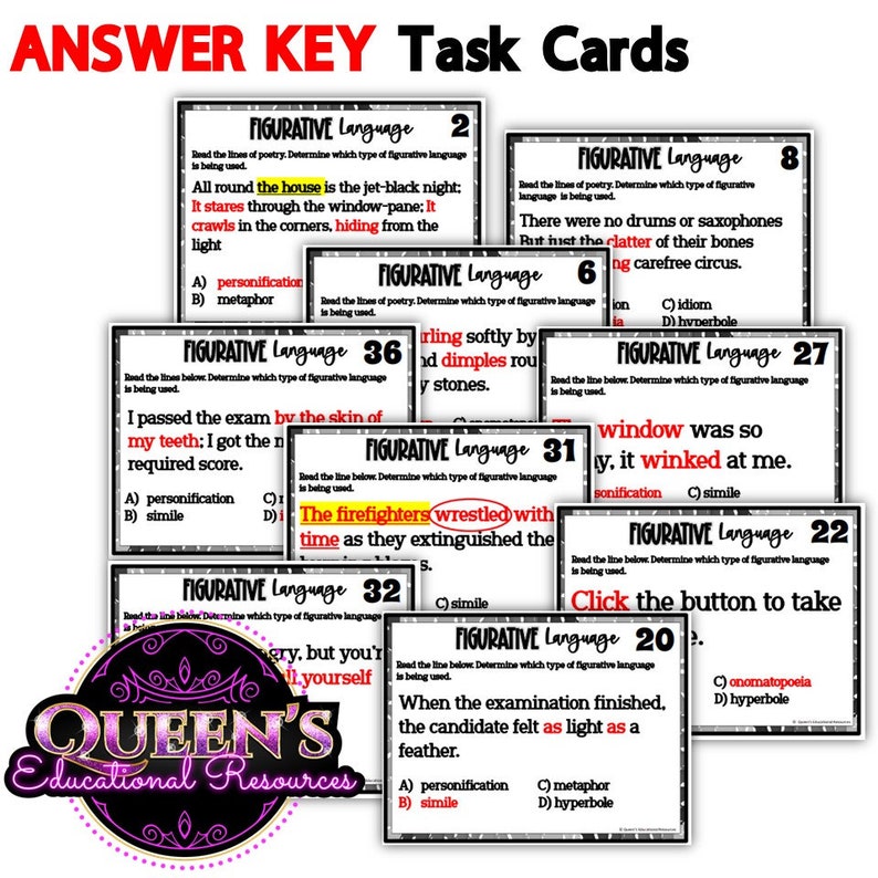 Figurative Language Task Cards | Multiple-choice Task Cards | Reading ...