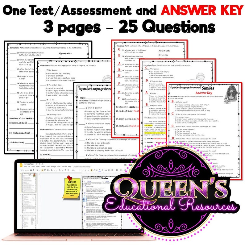 Similes Test | Figurative Language Test | Similes Assessment | Reading ...