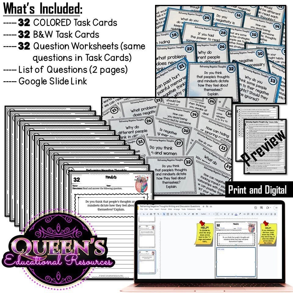 Reframing Negative Thoughts Worksheets Scenarios Positive - Etsy