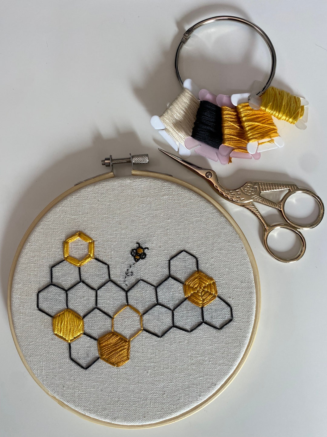 Honeycomb and Tiny Bee Embroidery | Handmade Wall Art | Wall Decor ...