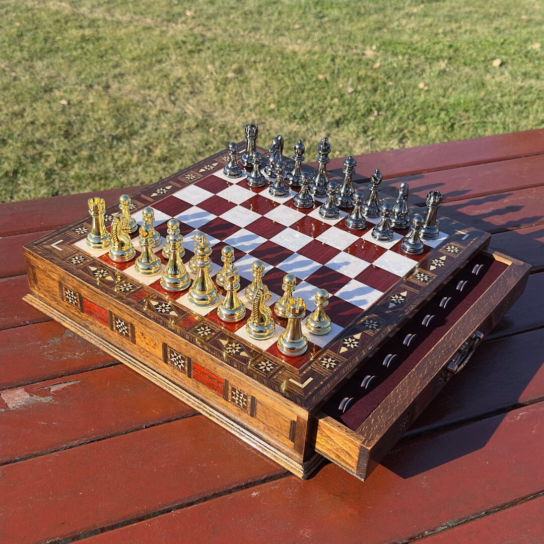 15'' Handmade Personalized Gift Wooden Chess Set, Customized Chess ...