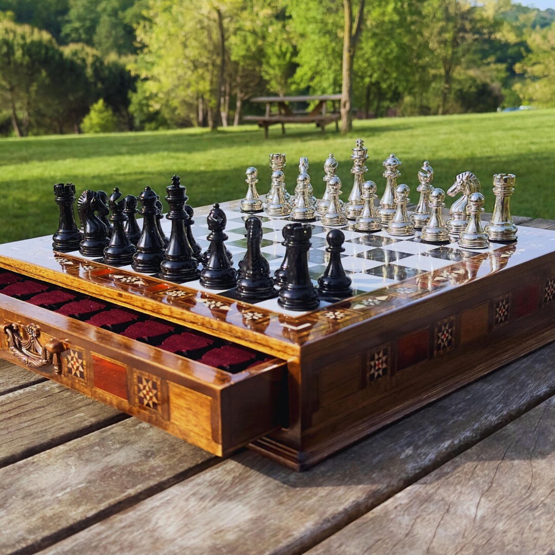 Personalized Handmade Wooden Chess Set: Metal Pieces, Built-in Storage ...