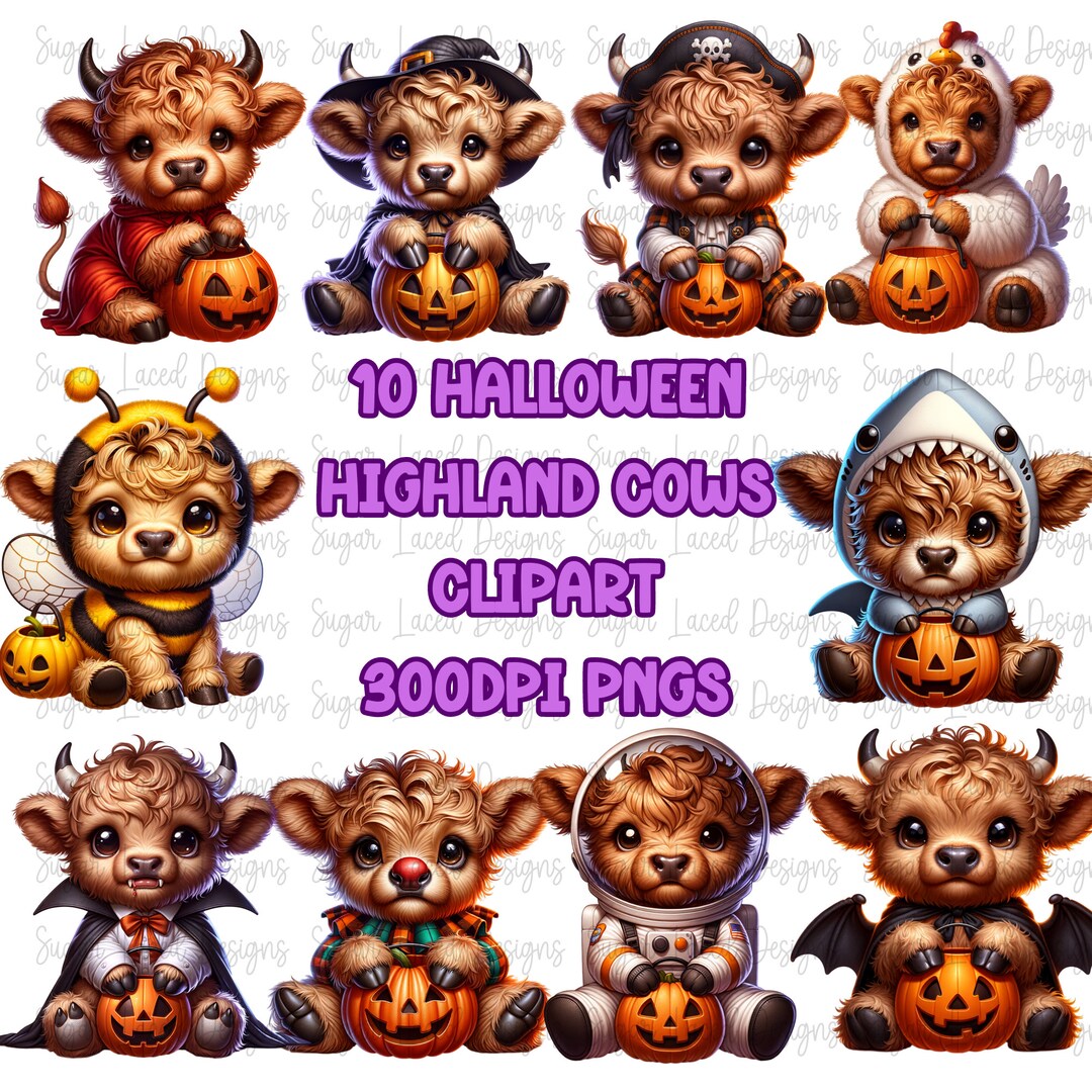 Halloween Highland Cows PNG Clipart Set, Highland Cow Sublimation ...