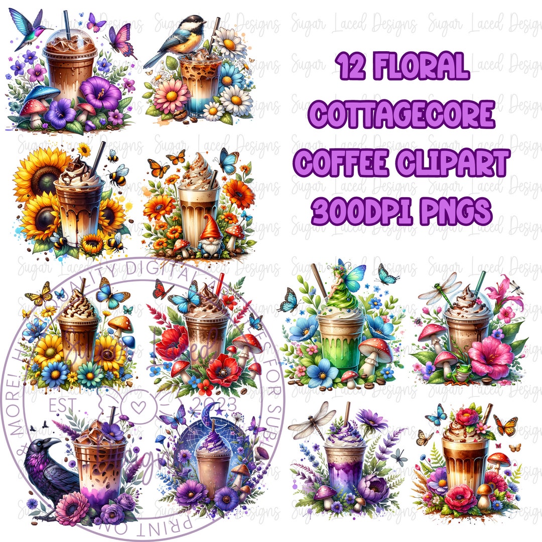 Floral Cottagecore Coffee Clipart Bundle Set, 300DPI Watercolor Flower ...