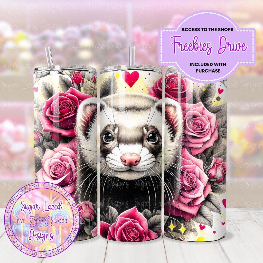 Ferret Valentine's Day 20oz Skinny Tumbler PNG Wrap, Ferret With Roses ...