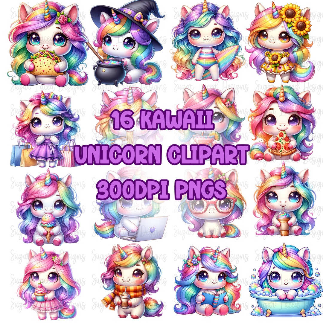 Kawaii Unicorns Clipart Set, Magical Fantasy Clipart,png Cute Clipart ...