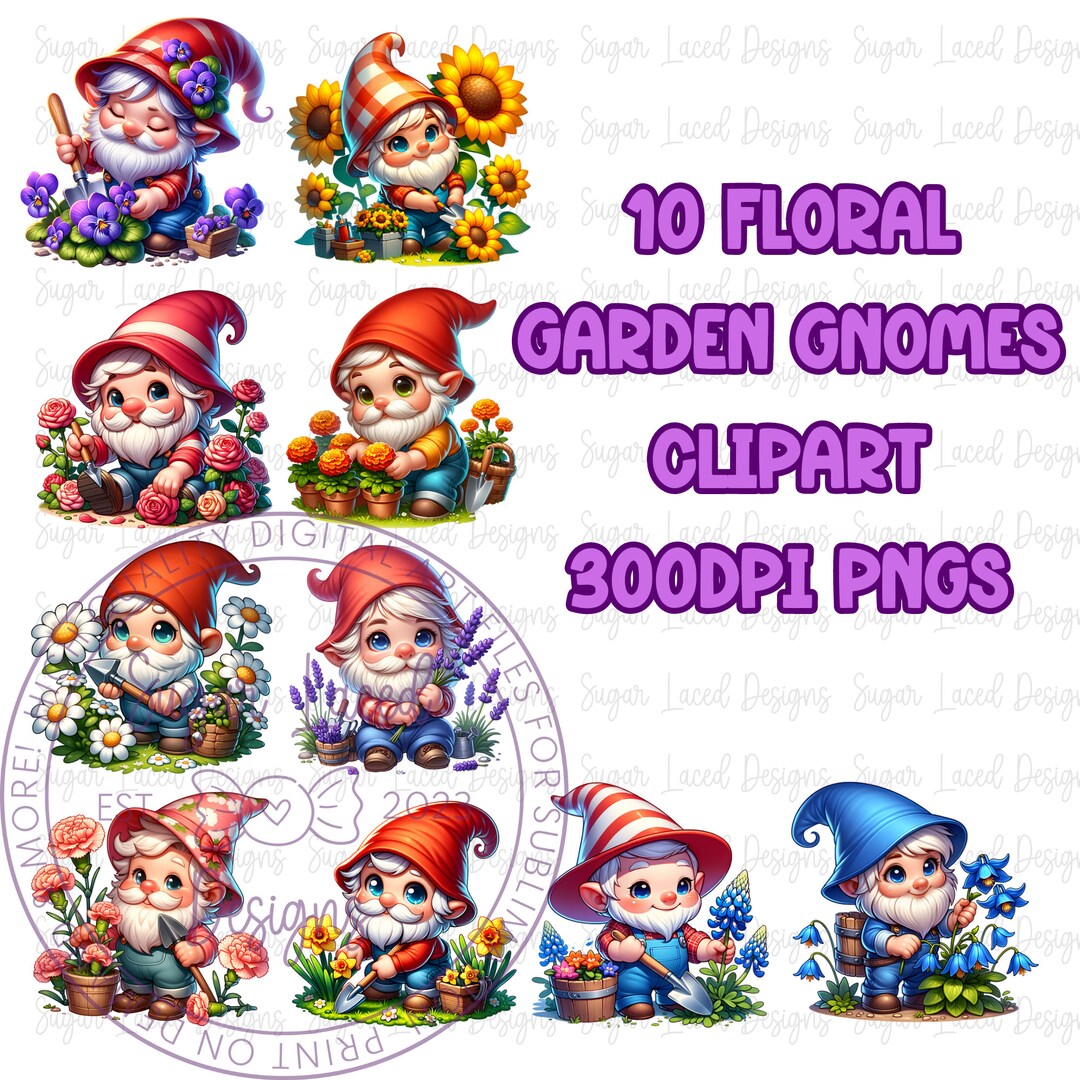 Garden Gnome Clipart Set, 300DPI Cute Garden Gnome PNGS, Digital ...