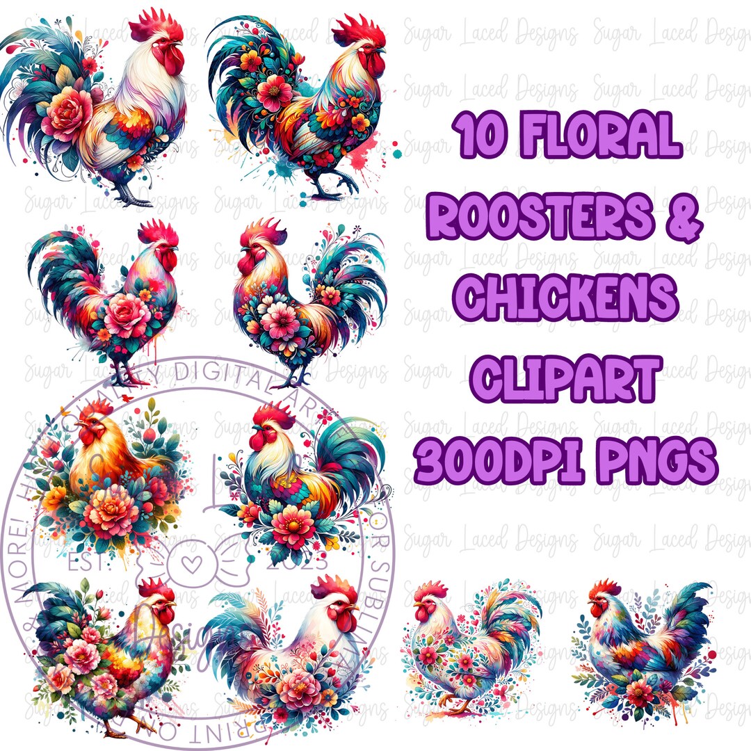 Floral Rooster & Chicken Clipart Set, 300DPI Chicken PNGS, Digital ...